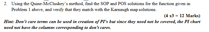 2. Using the Quine-McCluskey's method, find the SOP | Chegg.com