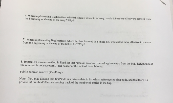 Solved When implementing BagInterface, where the data is | Chegg.com