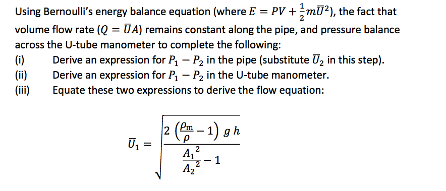 Solved Using Bernoulli's energy balance equation (where E = | Chegg.com