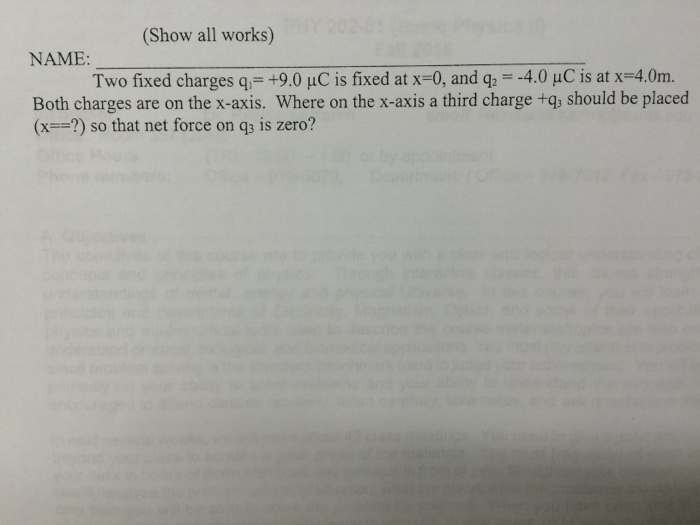 Solved Two fixed charges q1= +9.0 mu C is fixed at x=0, and | Chegg.com