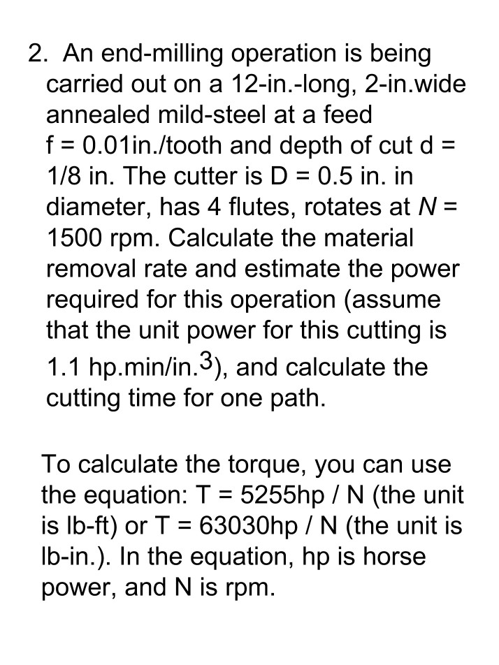 Solved I. A slab milling operation will take place on a part | Chegg.com