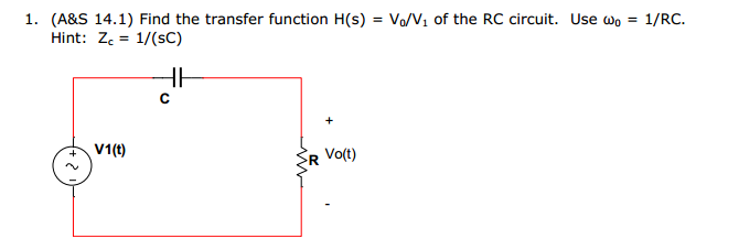 Solved 1. Find the transfer function H(s) = vo/v1 of the RC | Chegg.com