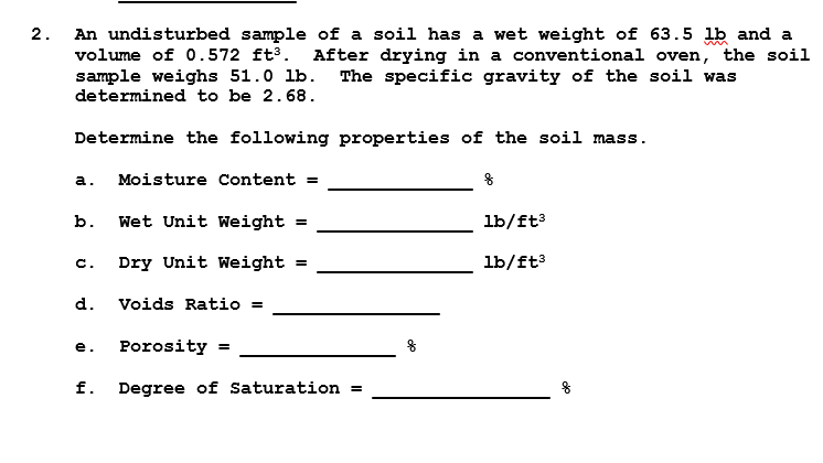 Solved An undisturbed sample of a soil has a wet weight of | Chegg.com
