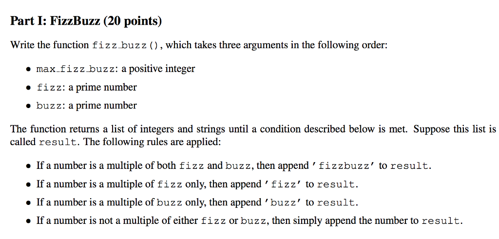 Solved Part I: FizzBuzz (20 points) Write the function | Chegg.com