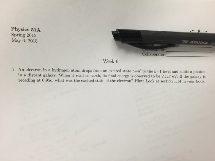 Solved 1 An Electron In A Hydrogen Atom Drops From An
