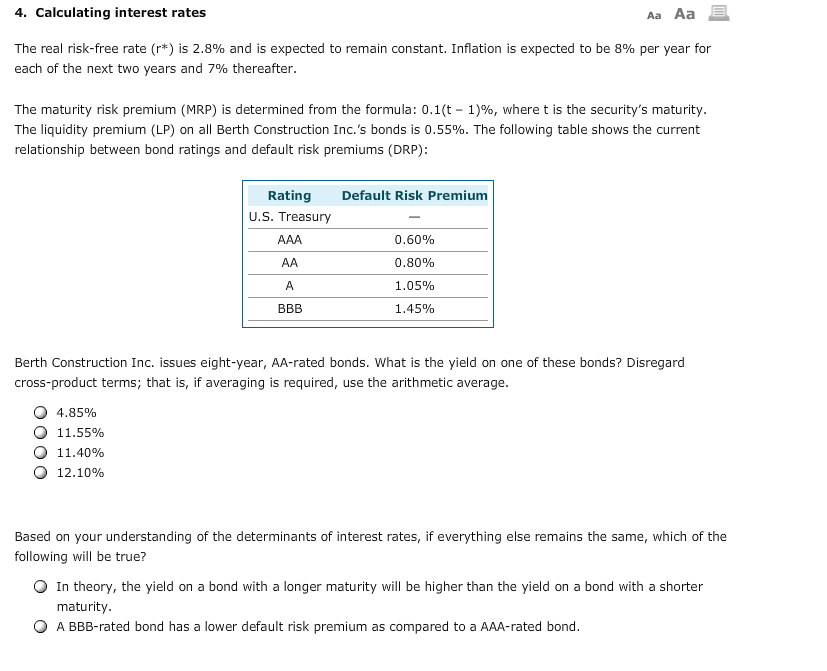 Solved 4. Calculating interest rates Aa Aa The real | Chegg.com