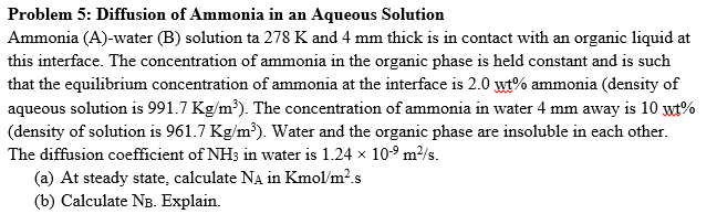 Problem 5: Diffusion of Ammonia in an Aqueous | Chegg.com