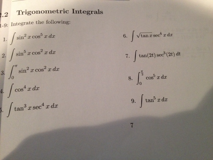 Solved 2 Trigonometric Integrals 9: Integrate the following: | Chegg.com