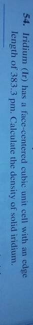 Solved Iridium (Ir) has a face-centered cubic unit cell with | Chegg.com
