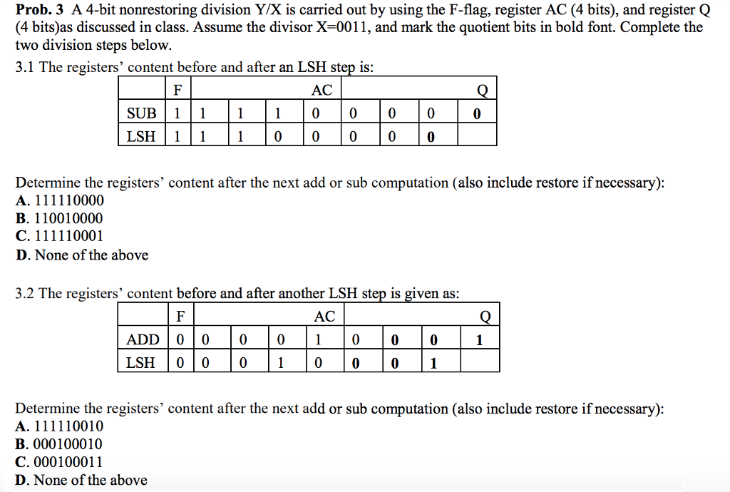 Solved Prob. 3 A 4-bit nonrestoring division Y/X is carried | Chegg.com