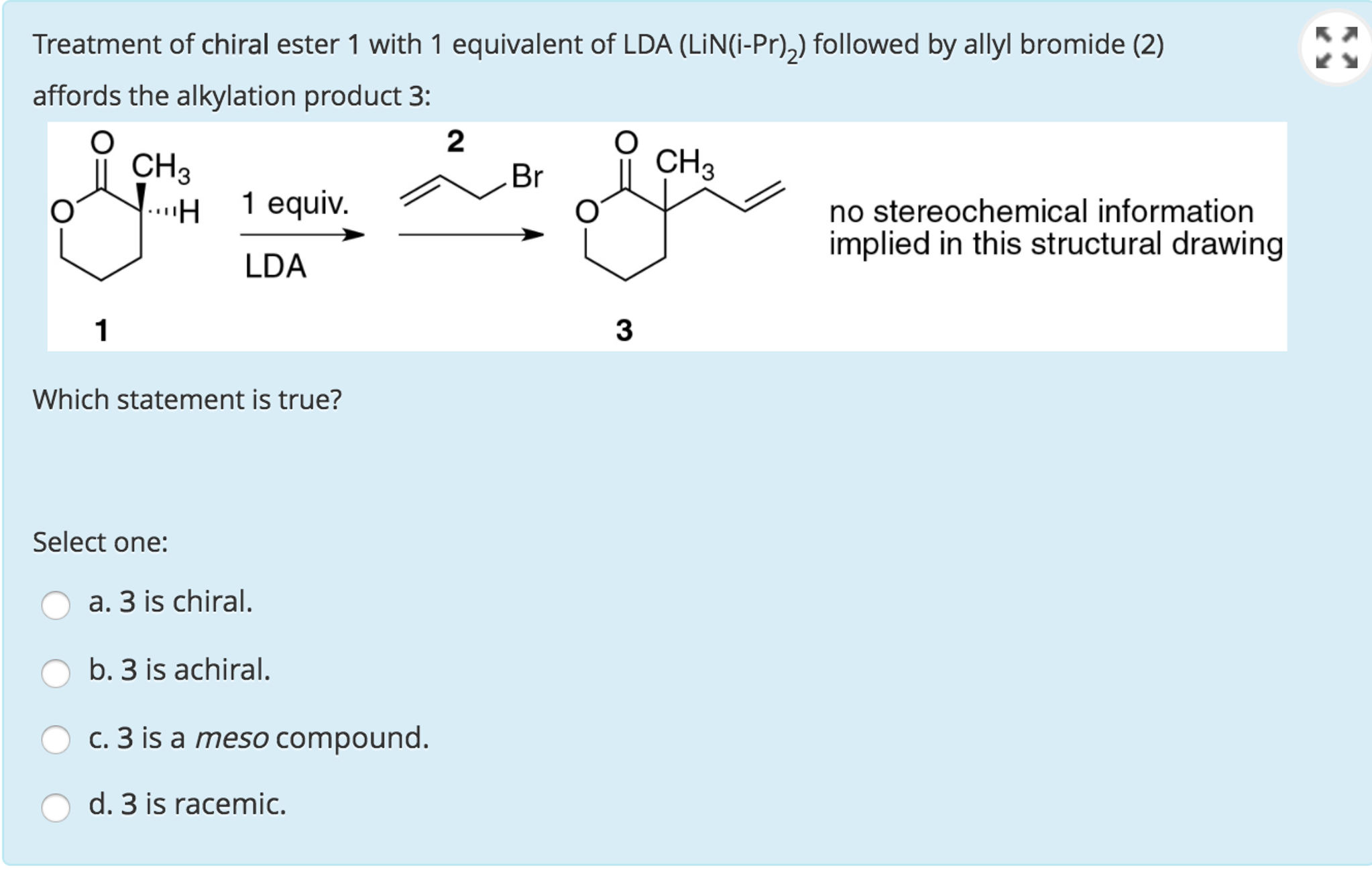 Solved Treatment of chiral ester 1 with 1 equivalent of LDA | Chegg.com