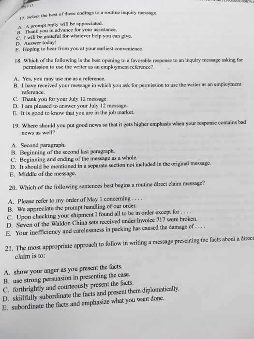 Solved Select the of these endings to a routine inquiry | Chegg.com