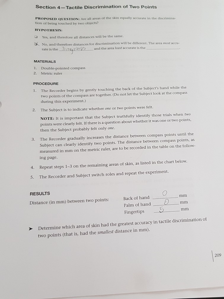 Solved Section 4-Tactile Discrimination of Two Points | Chegg.com