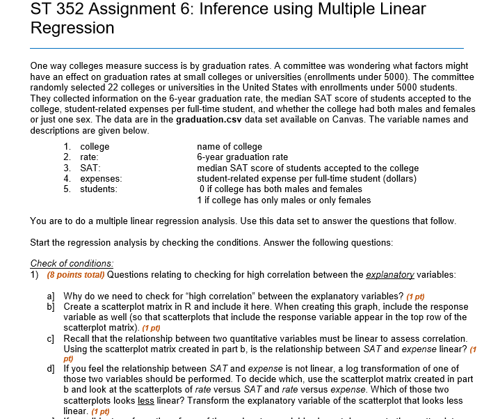 ST 352 Assignment 6: Inference using Multiple Linear | Chegg.com