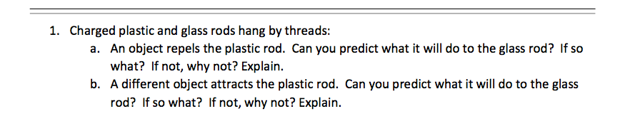 Solved 1. Charged plastic and glass rods hang by threads a. | Chegg.com