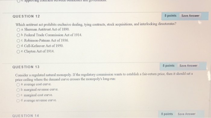 Solved Which antitrust act prohibits exclusive dealing, | Chegg.com
