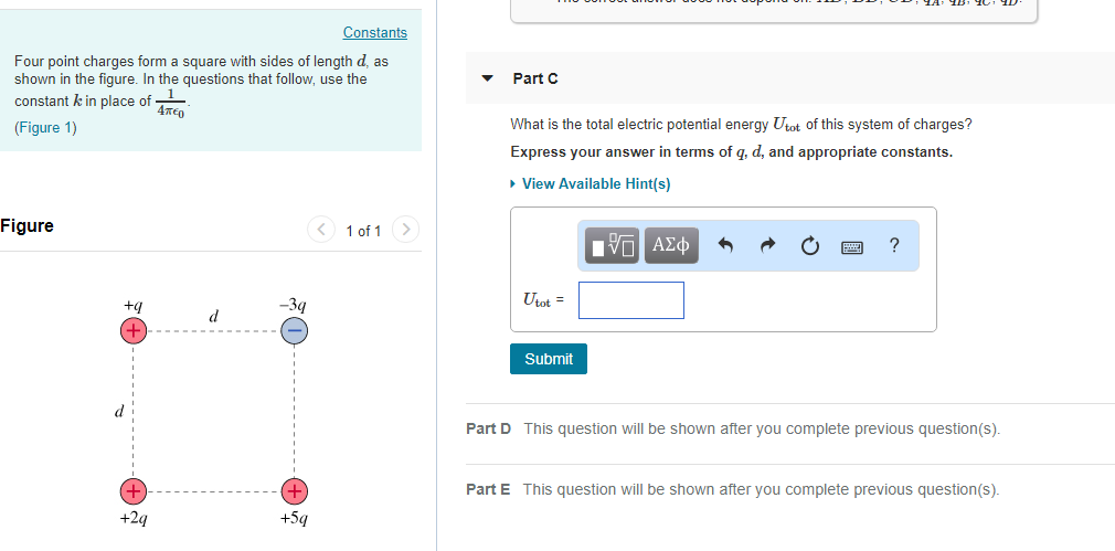 Solved Part B Constants Four point charges form a square | Chegg.com