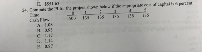 Solved Compute the PI for the project shown below if the | Chegg.com