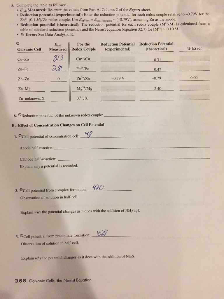 C. The Nernst Equation and an Unknown Concentration | Chegg.com