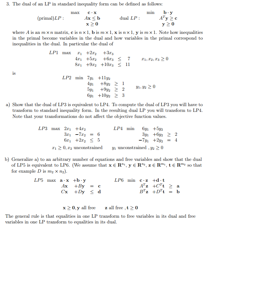 Solved 3. The dual of an LP in standard inequality form can | Chegg.com
