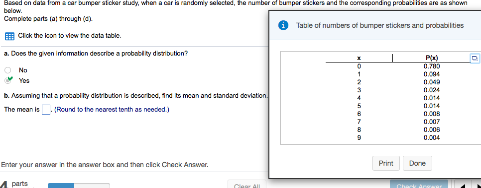 Solved Based on data from a car bumper sticker study, when a | Chegg.com