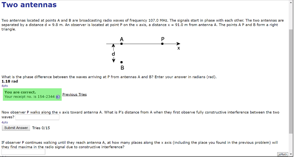Solved Two antennas Two antennas located at points A and B | Chegg.com
