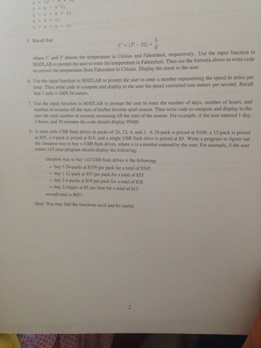 Use the input function in MATLAB to prompt the user | Chegg.com