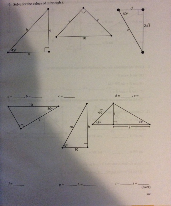 Solved 9. Solve for the values of a through j 60° 2 3 10 45 | Chegg.com