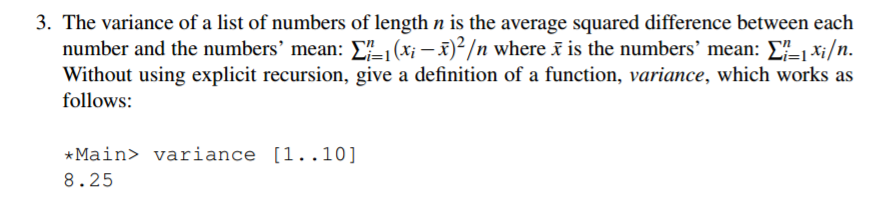 The variance of a list of numbers of length n is the | Chegg.com