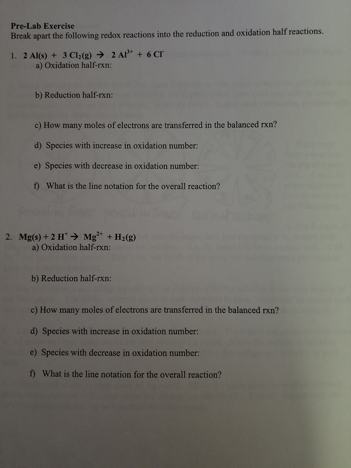 Solved Pre-Lab Exercise Break apart the following redox | Chegg.com