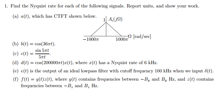 Solved Find the Nyquist rate for each of the following | Chegg.com