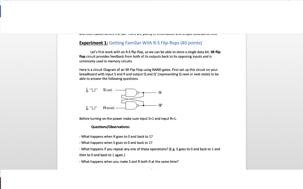 Solved Experiment 1: Getting Familiar With R-S Flip-flops | Chegg.com