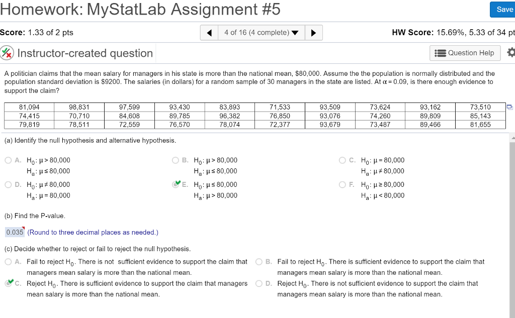 Solved Homework: MyStatLab Assignment #5 Save Score: 1.33 of | Chegg.com