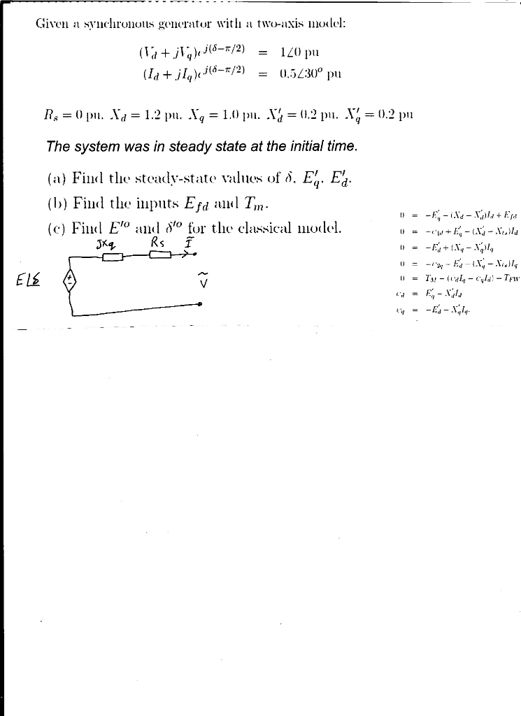 Solved Given a synchronous generator with a two-axis model: | Chegg.com