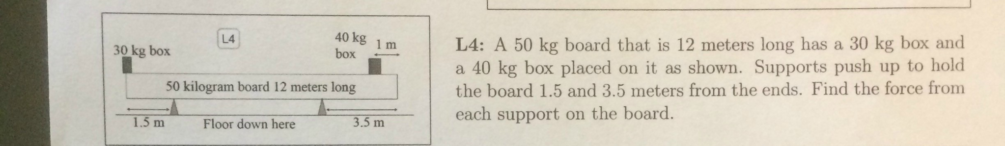 Solved A 50 kg board that is 12 meters long has a 30 kg | Chegg.com