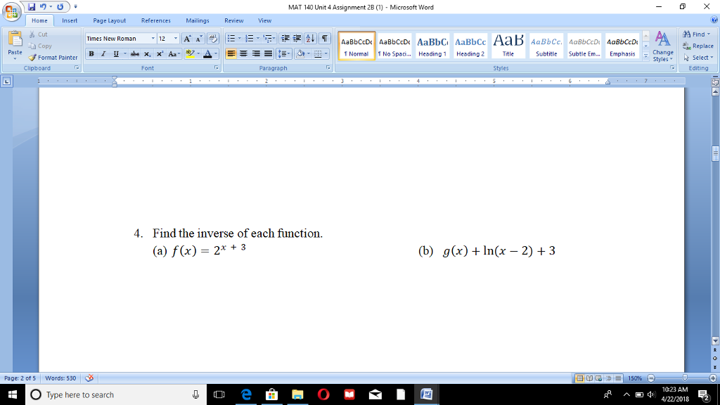 Solved MAT 140 Unit 4 Assignment 2B () Microsoft Word Home | Chegg.com
