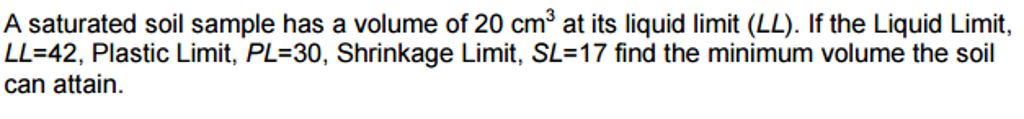 Solved A saturated soil sample has a volume of 20 cm3 at its | Chegg.com