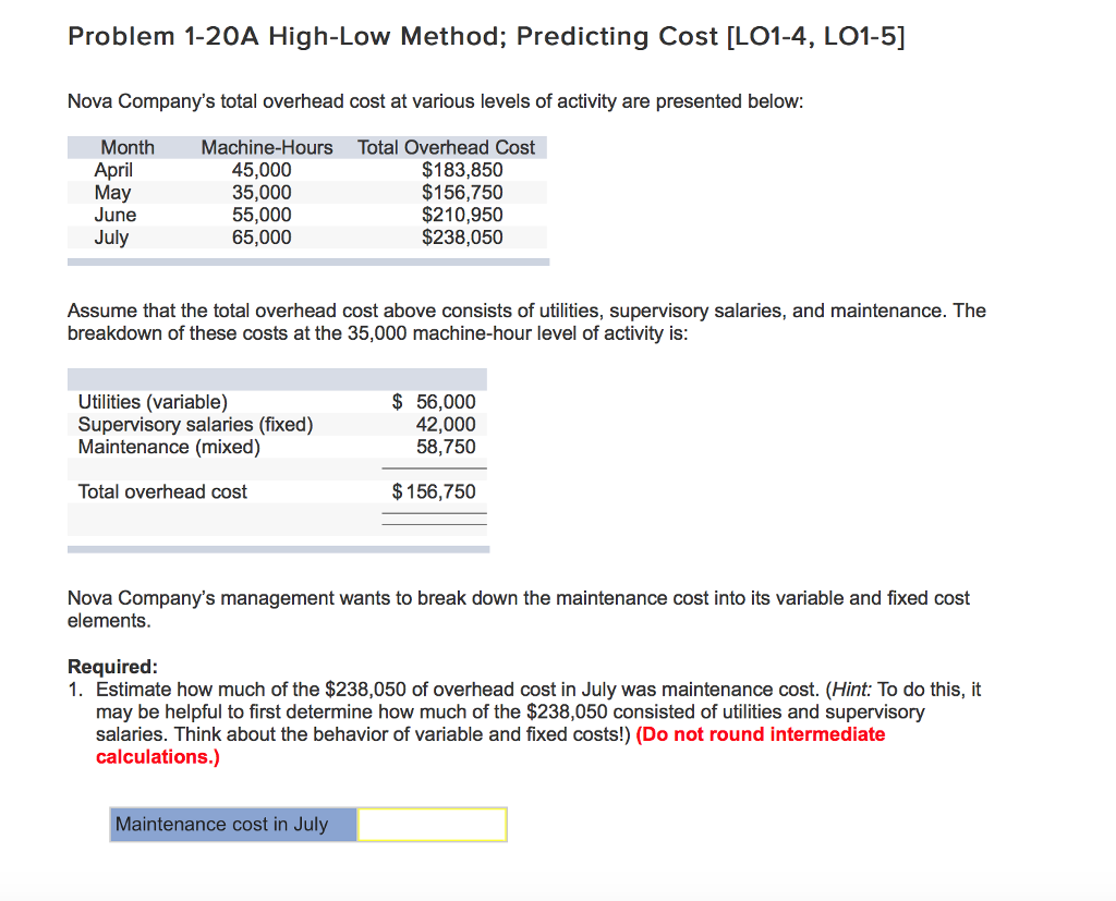 Solved Problem 1-20A High-Low Method, Predicting Cost | Chegg.com