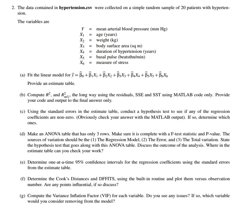 Solved 2. The data contained in hypertension.csv were | Chegg.com