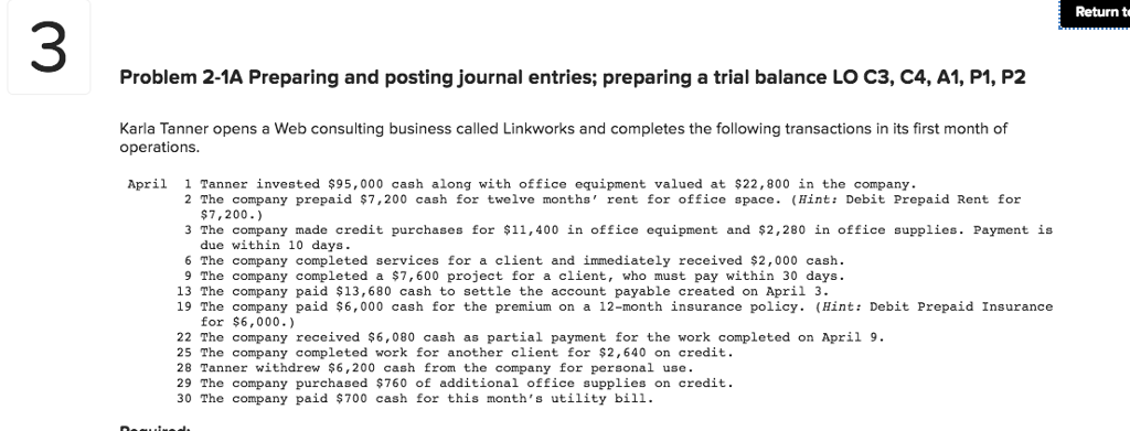 Solved Return t 3 Problem 2-1A Preparing and posting journal | Chegg.com