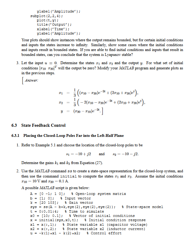 Solved Project 2: Feedback Control of Linear Dynamical | Chegg.com