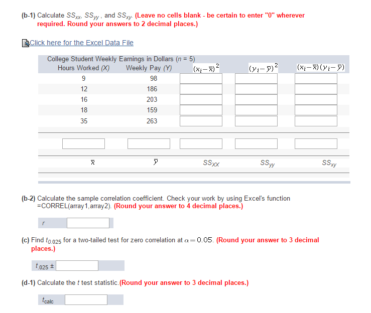 Solved (b-1) Calculate SSx SS, and SSxy (Leave no cells | Chegg.com
