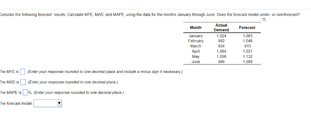 Solved onsider the following forecast results. Calculate | Chegg.com