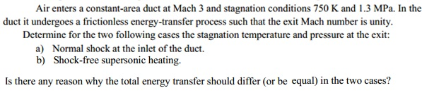 Air enters a constant-area duct at Mach 3 and | Chegg.com