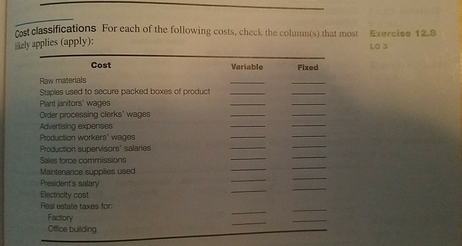 Solved Cost classifications For each of the following costs, | Chegg.com
