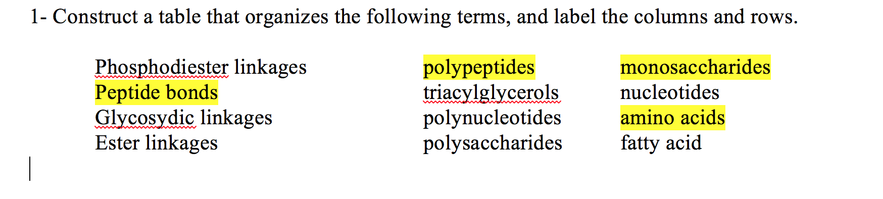 Solved Construct a table that organizes the following terms, | Chegg.com