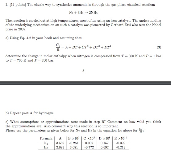 Solved 2. [12 points] The classic way to synthesize ammonia | Chegg.com