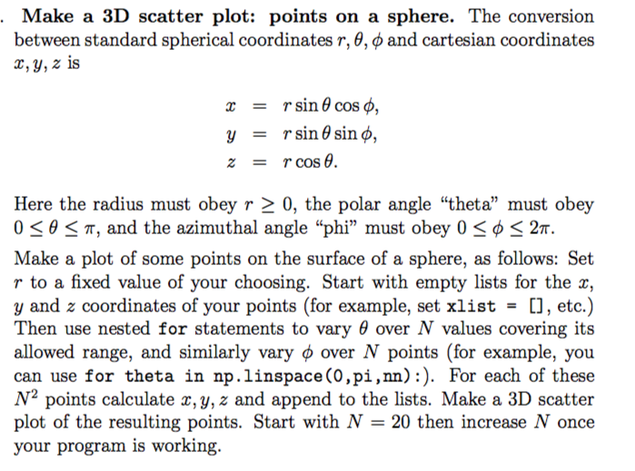 Solved Make a 3D scatter plot: points on a sphere. The | Chegg.com