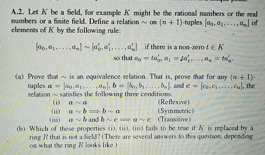 Solved A.2. Let K be a field, for example K might be the | Chegg.com