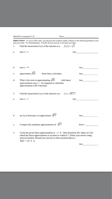 Solved Find the linearization L(x) of the function at a. | Chegg.com